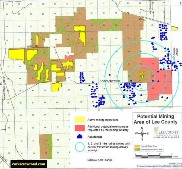 Map of Corkscrew Community Residences near proposed mining areas.